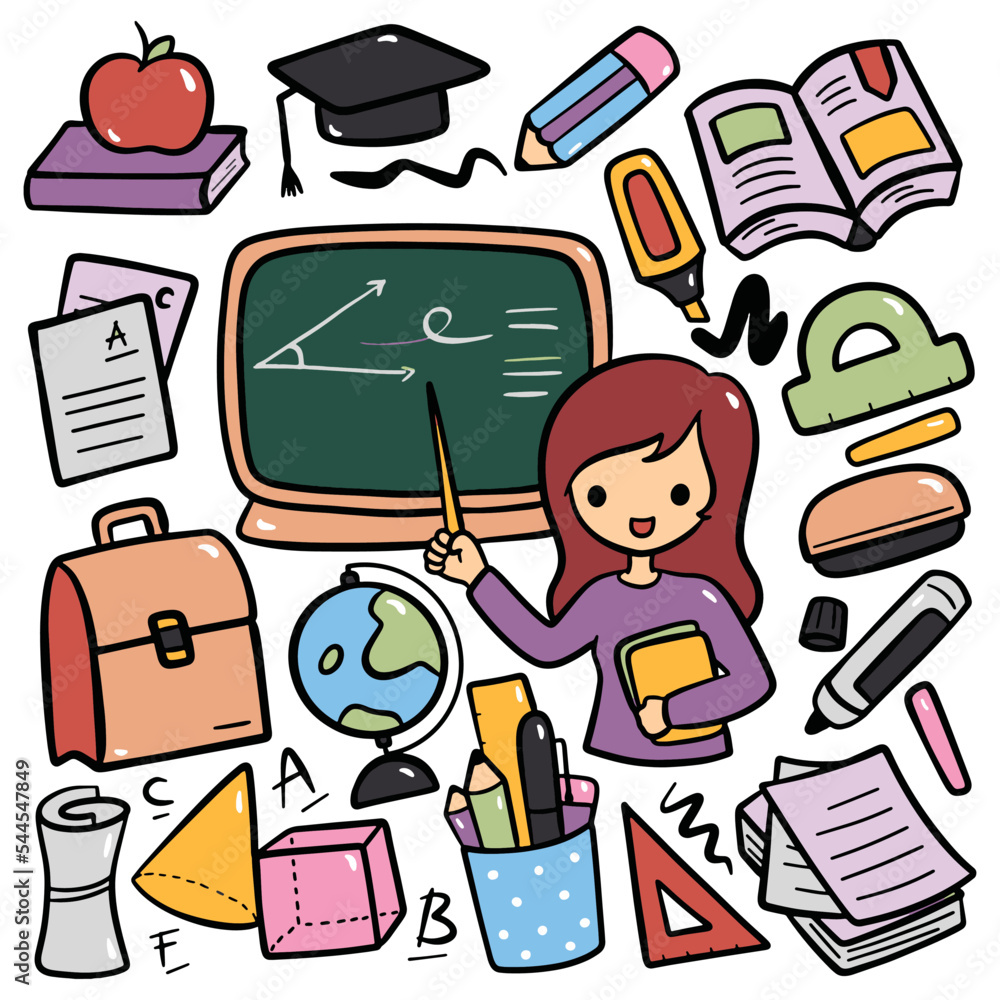 Hand Drawn Cartoon Teacher with School Supplies Stock Vector | Adobe Stock