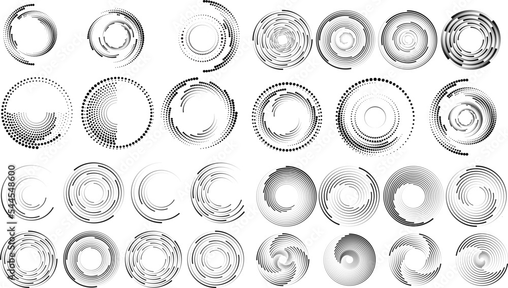 Design elements with circular halftone dots. Vector rotating dotted ...