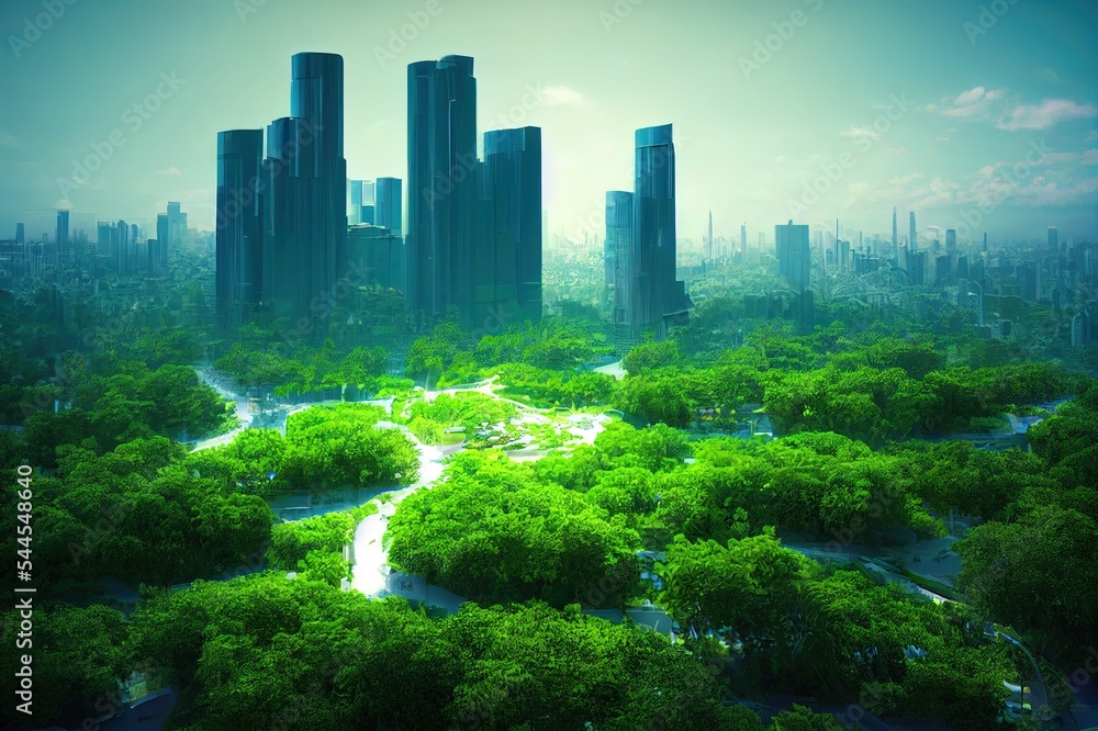 Spectacular eco futuristic cityscape ESG concept full with greenery ...