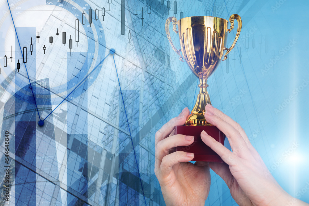 corporate award, business trophy, office cup, golden financial prize in ...