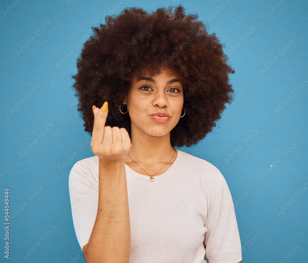 Hand, korean symbol and portrait of happy woman with an afro from Puerto Rico in the studio ...