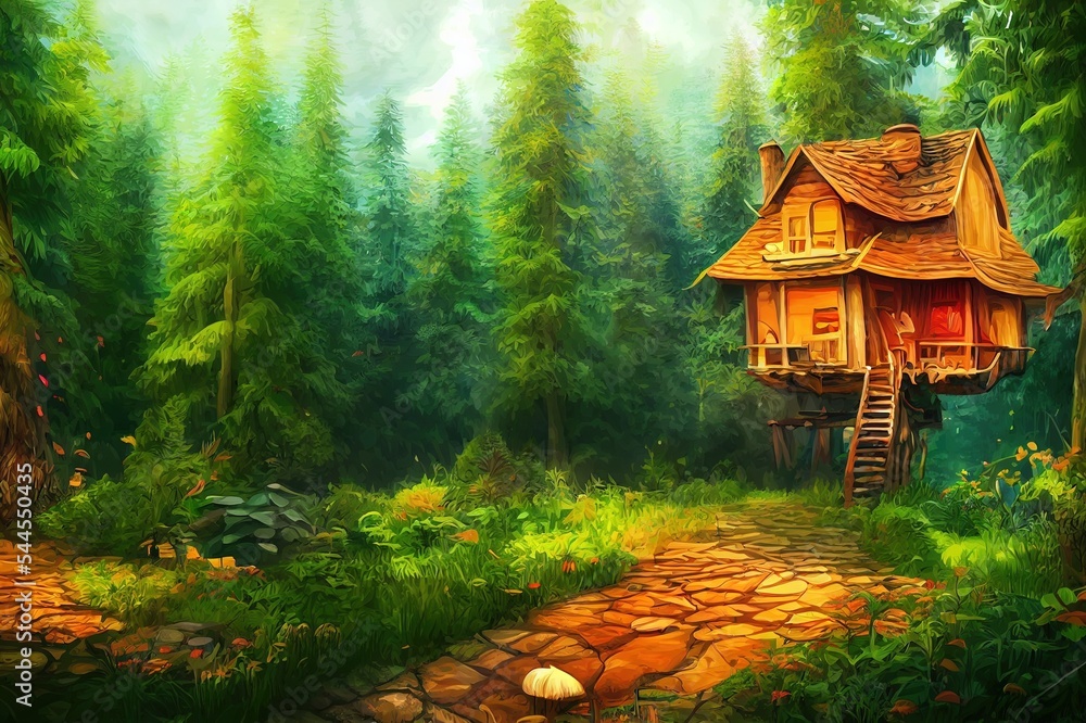 Creative Illustration and Innovative Art Forest House in the Colorful ...