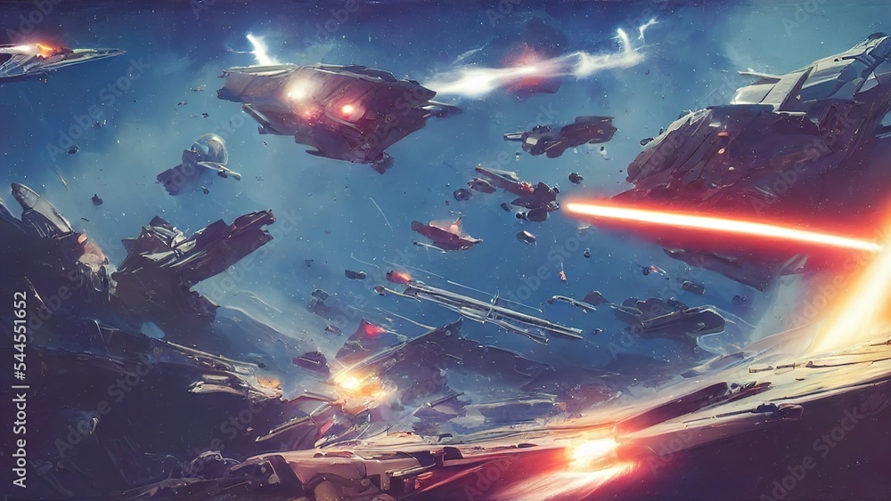 Space battle of spaceships and battle cruisers, laser shots sparks and ...