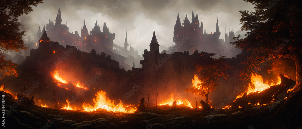 Artistic concept illustration of a old ancient city in flame ...