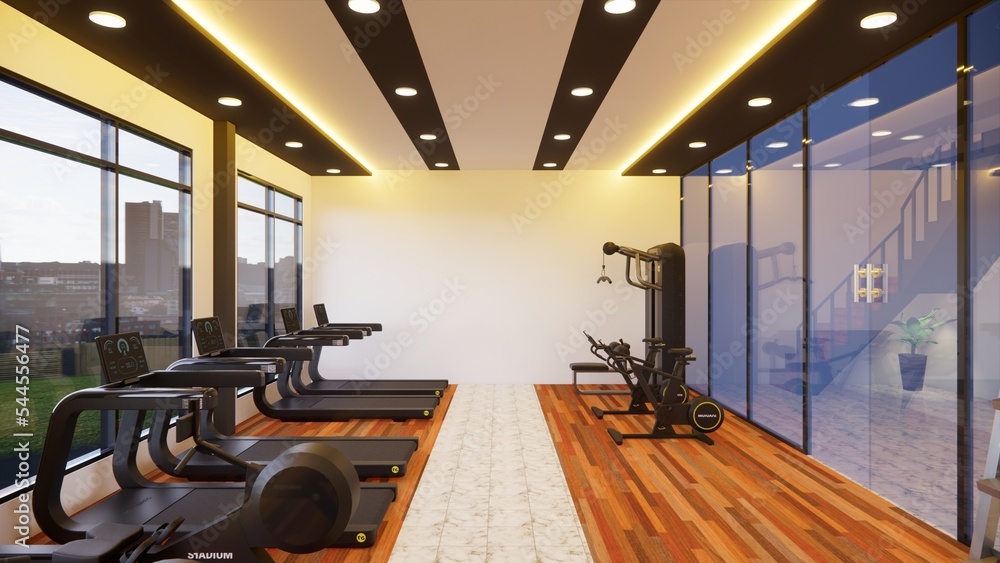 Modern gym interior with exercise equipments. 3d rendering Stock ...
