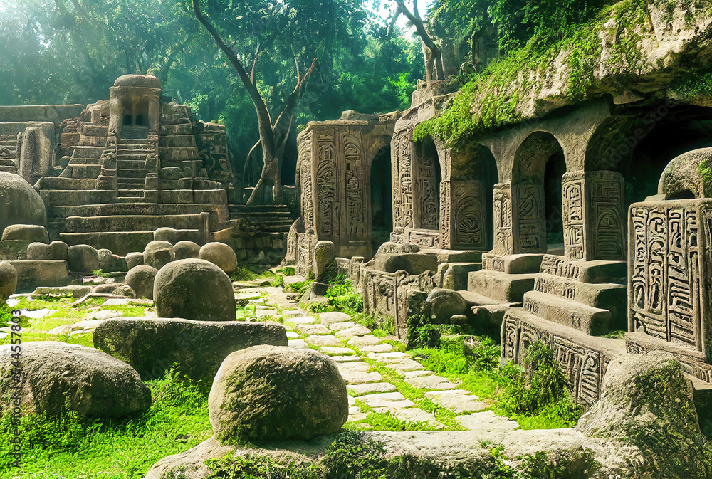 An ancient Aztec city lost in the jungle. Stone buildings of the ...