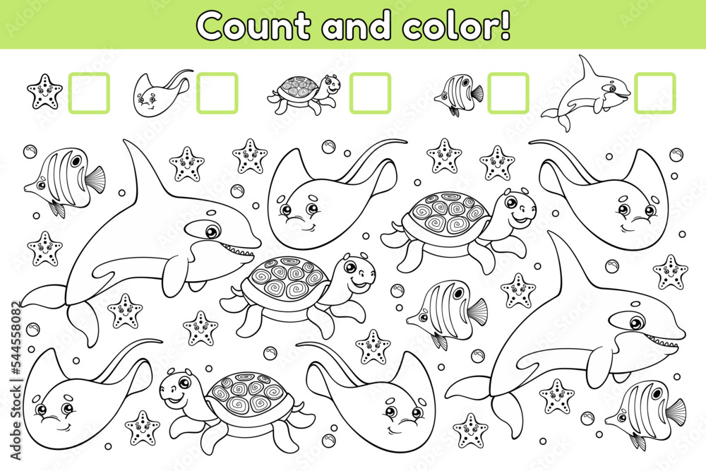 Educational math game for kids. Find, count how many objects and color ...