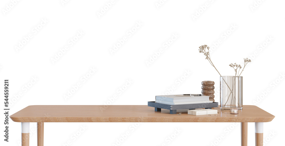 Wooden table with home accessories on transparent background. Front ...