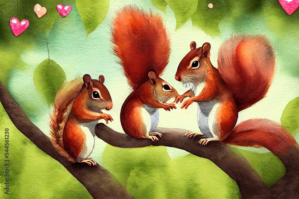 cute squirrels couple tender hugs, watercolor clipart, love ...