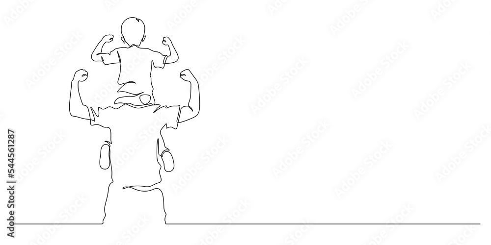 father and son on his shoulders piggyback with arm raised healthy pose ...