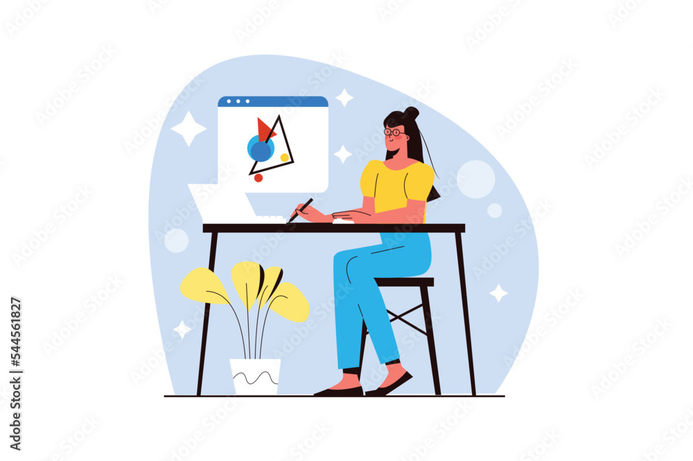 Blue concept Creative workers with people scene in the flat cartoon ...