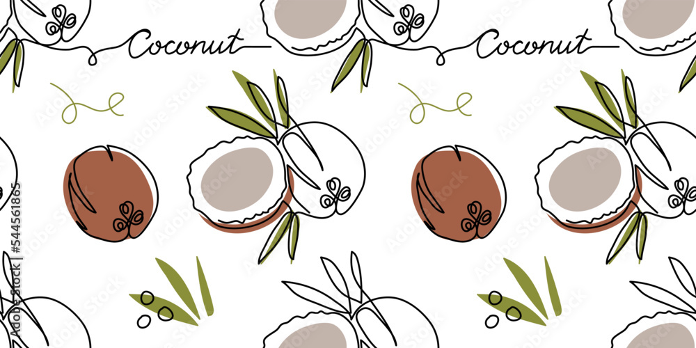 Coconut vector seamless pattern or texture. One line art drawing with lettering, coconut pattern ...