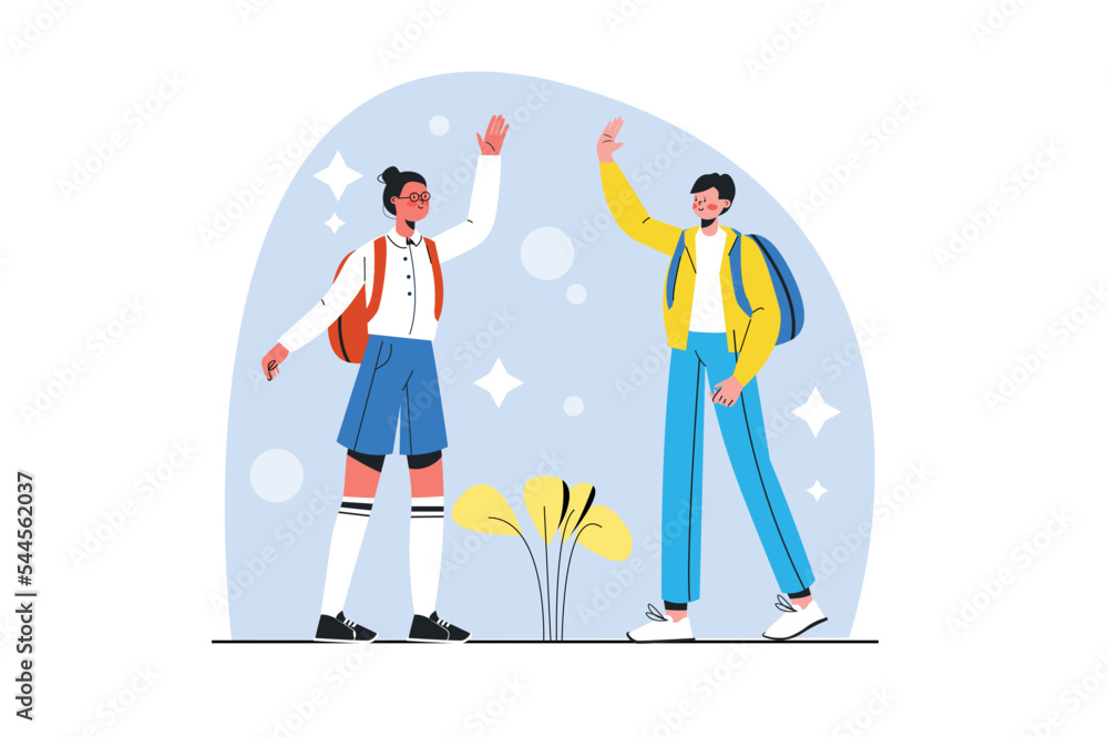 Blue concept Back to school with people scene in the flat cartoon ...