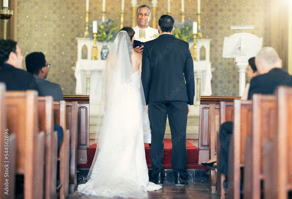 Wedding, priest and couple at the altar for marriage vows in commitment ...