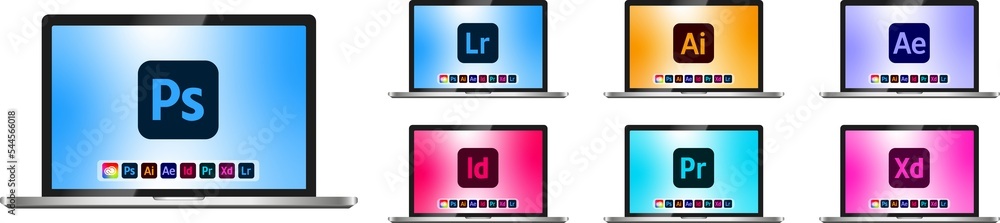 Adobe Product icons set on laptop mockup. Photoshop, Illustrator, After ...