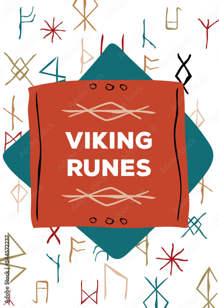 Viking nordic runes and ornament card design. Vertical background ...