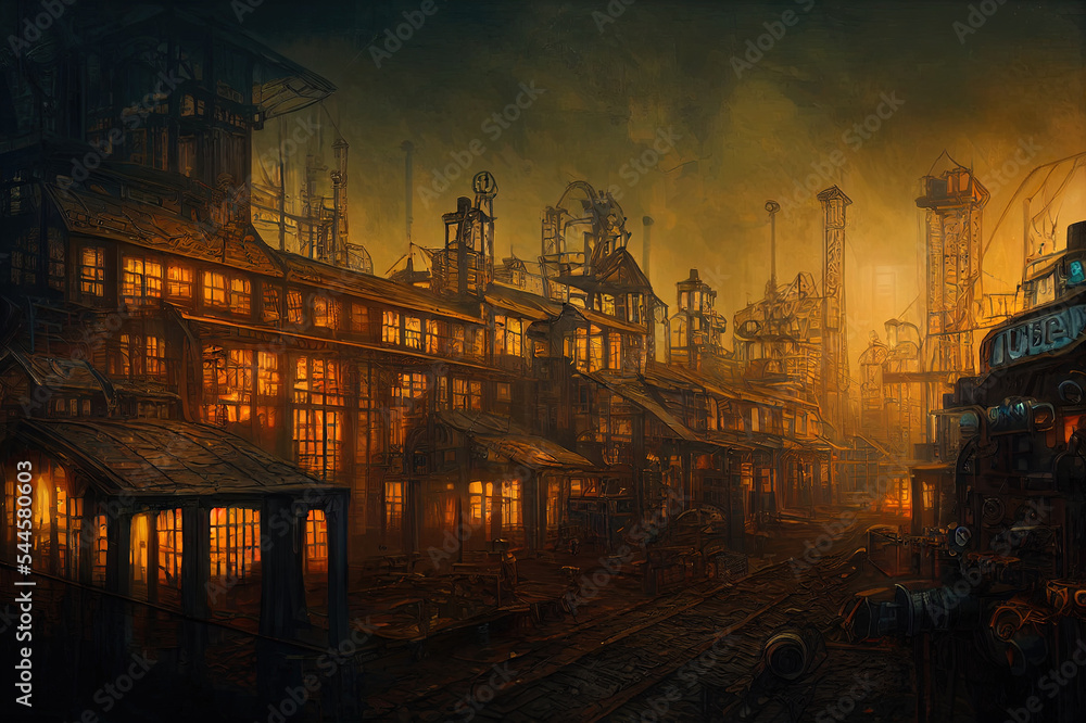 Steampunk Computer Factory. Fantasy Backdrop. Concept Art. Realistic ...