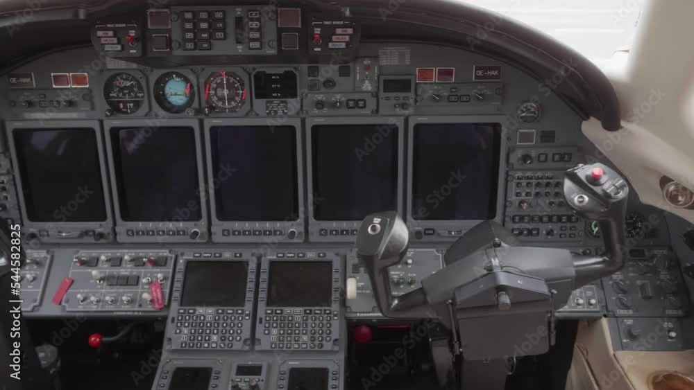 Flight instruments cockpit interior. Dashboard panel aircraft cabin ...