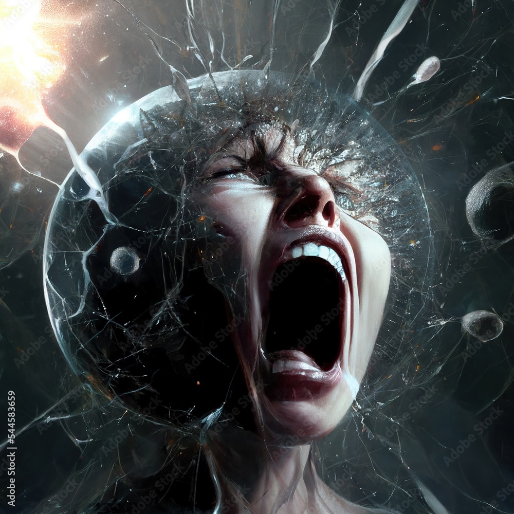 Screaming woman with shattered glass sphere on the head. Ai generated ...