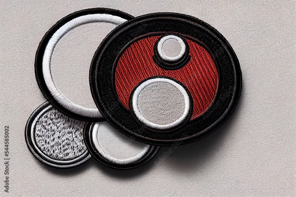 Blank black and white round embroidered patch mockup, top view, 3d rendering. Empty cloth ...