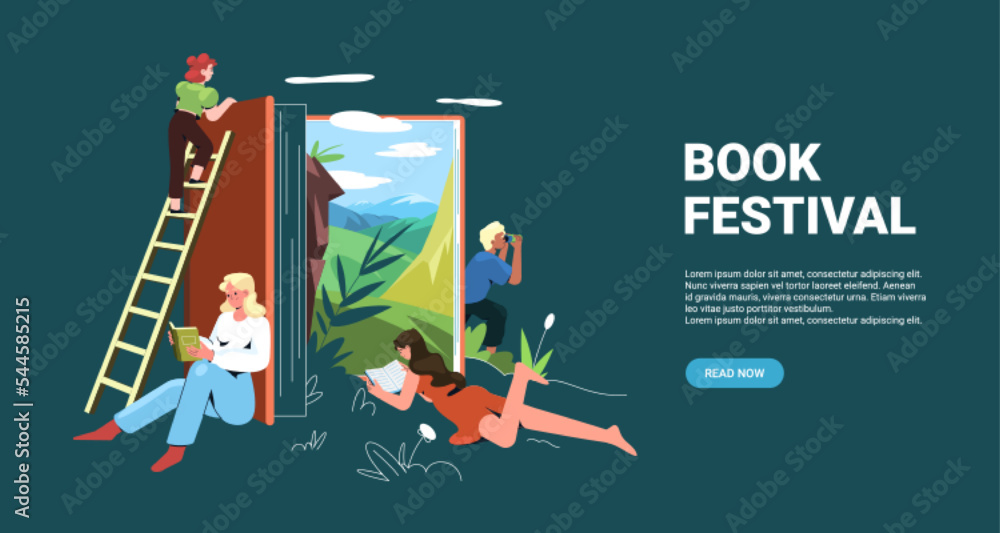 Book festival banner. Vector landing page of flat teenager characters ...