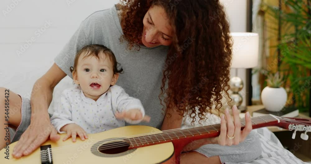 Mother, girl or playing guitar in bedroom of house or family home in ...