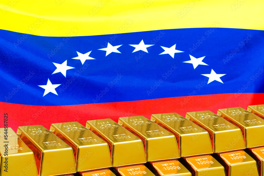 Row of shining golden bullions on the Venezuela flag background ...