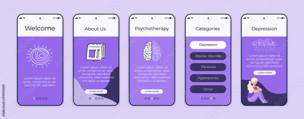 Set of UI, UX screens for mobile app about psychology. Solving mental ...