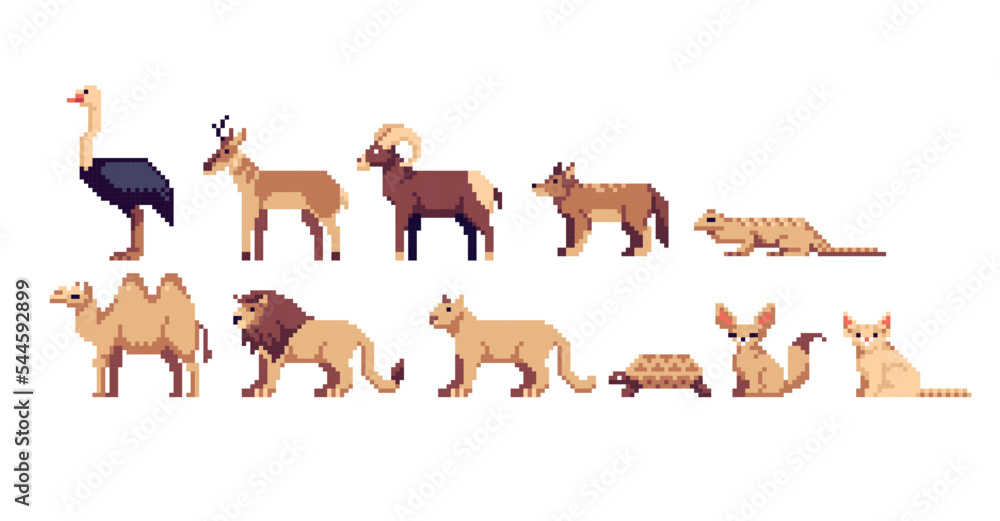 Desert Animals pixel art set. Safari wildlife collection. Savanna ...