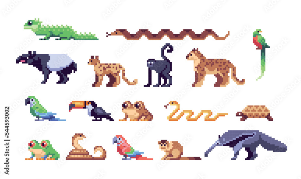 Costa Rica Animals pixel art set. Exotic species collection. Tropical ...