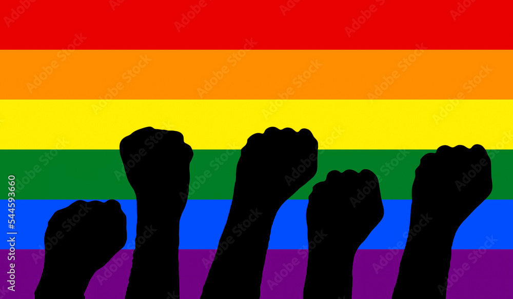 Fists raising (as dark silhouettes) over a rainbow LGBT flag. Symbols ...