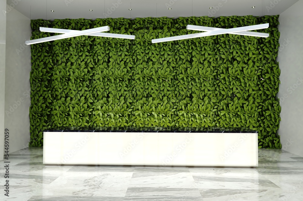 Reception in new office. Blank of corporate style, natural green wall ...