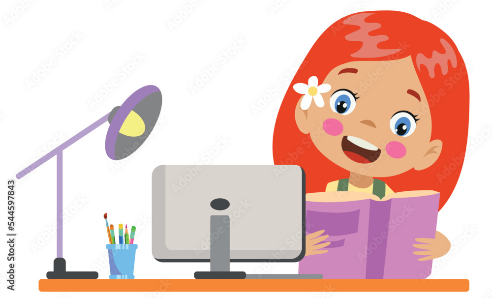 cute girl reading a book at the computer Stock Vector | Adobe Stock