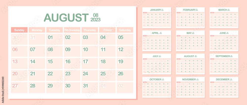 Wall Calendar 2023. August. Week Starts on Sunday. Monthly calendar ...