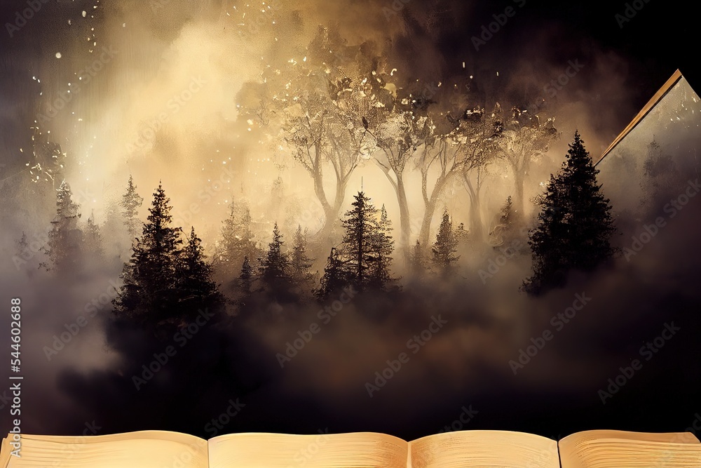 ภาพประกอบสต็อก Open book on a dark background, night landscape, dark ...