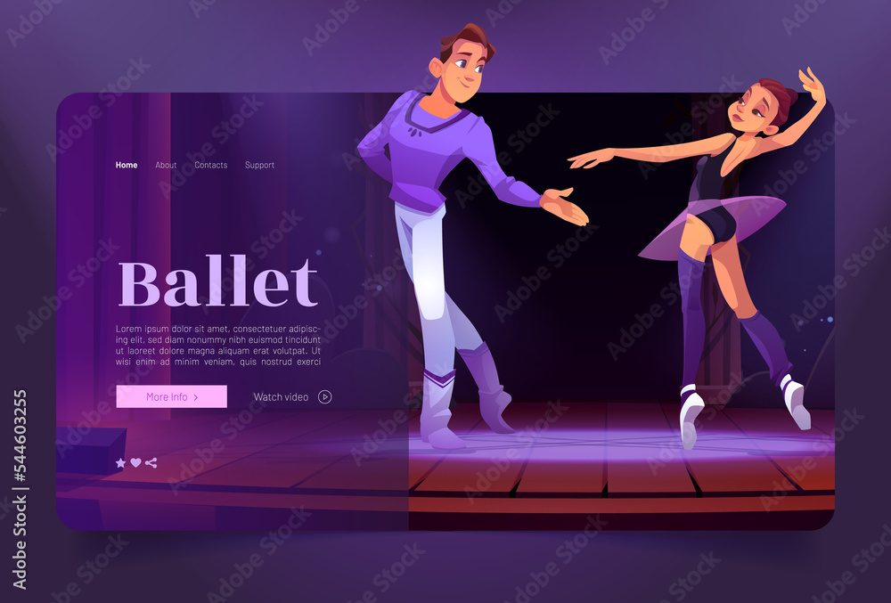 Ballet cartoon landing page with ballerina and dancer man on stage ...