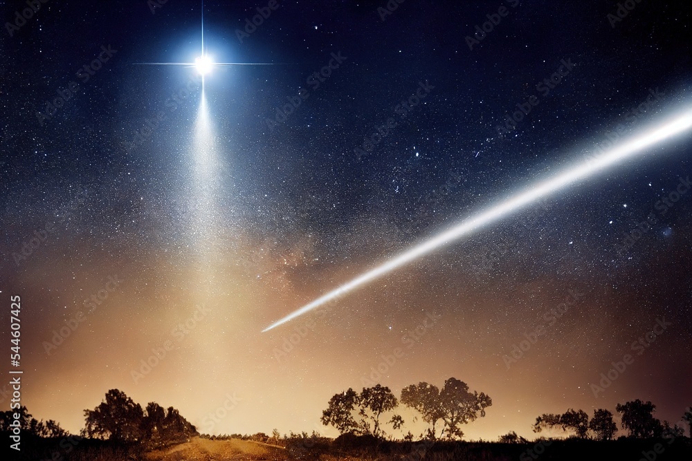 Night landscape of a man with a powerful military flashlight ...