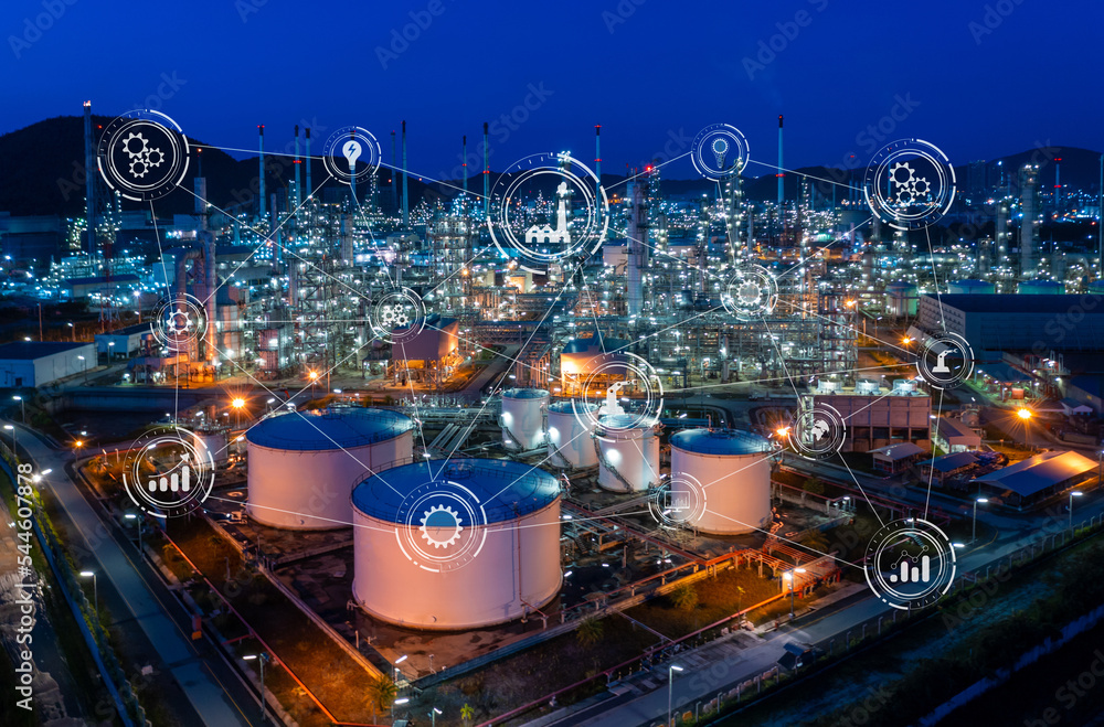 Oil refinery at twilight and night with industrial physical system icon ...