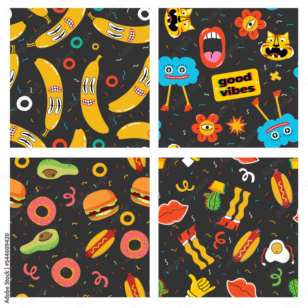 Seamless pattern with crazy comic faces, creepy characters and colorful ...