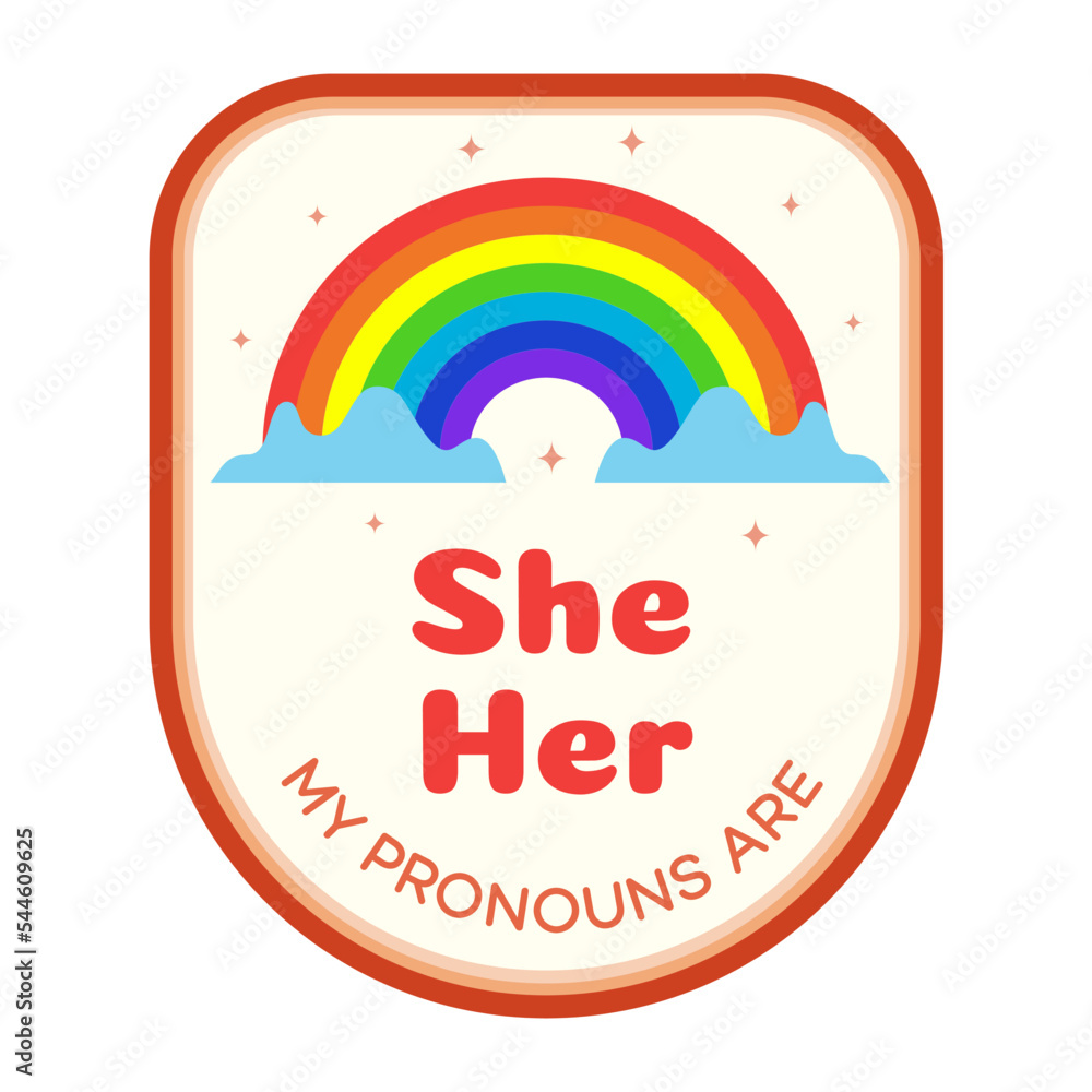Pronouns sticker she her with rainbow cartoon style. Vector 10 eps ...