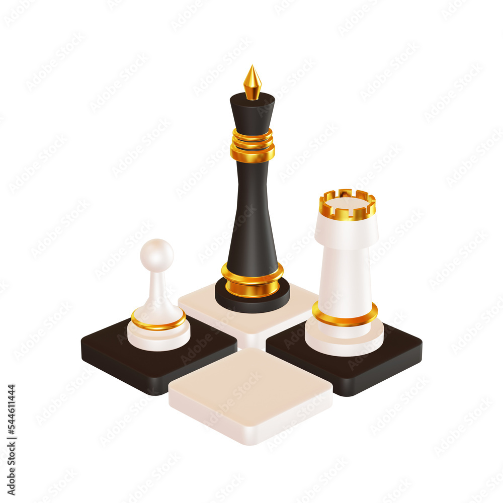Three luxury chess pieces located on four stylized chess cells on a ...