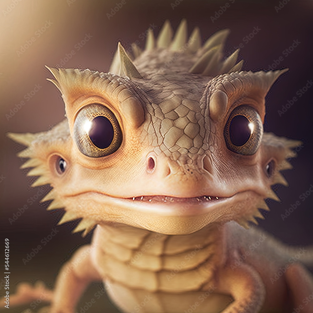 a cute adorable baby dragon lizard 3D Illustation stands in nature in the style of children ...
