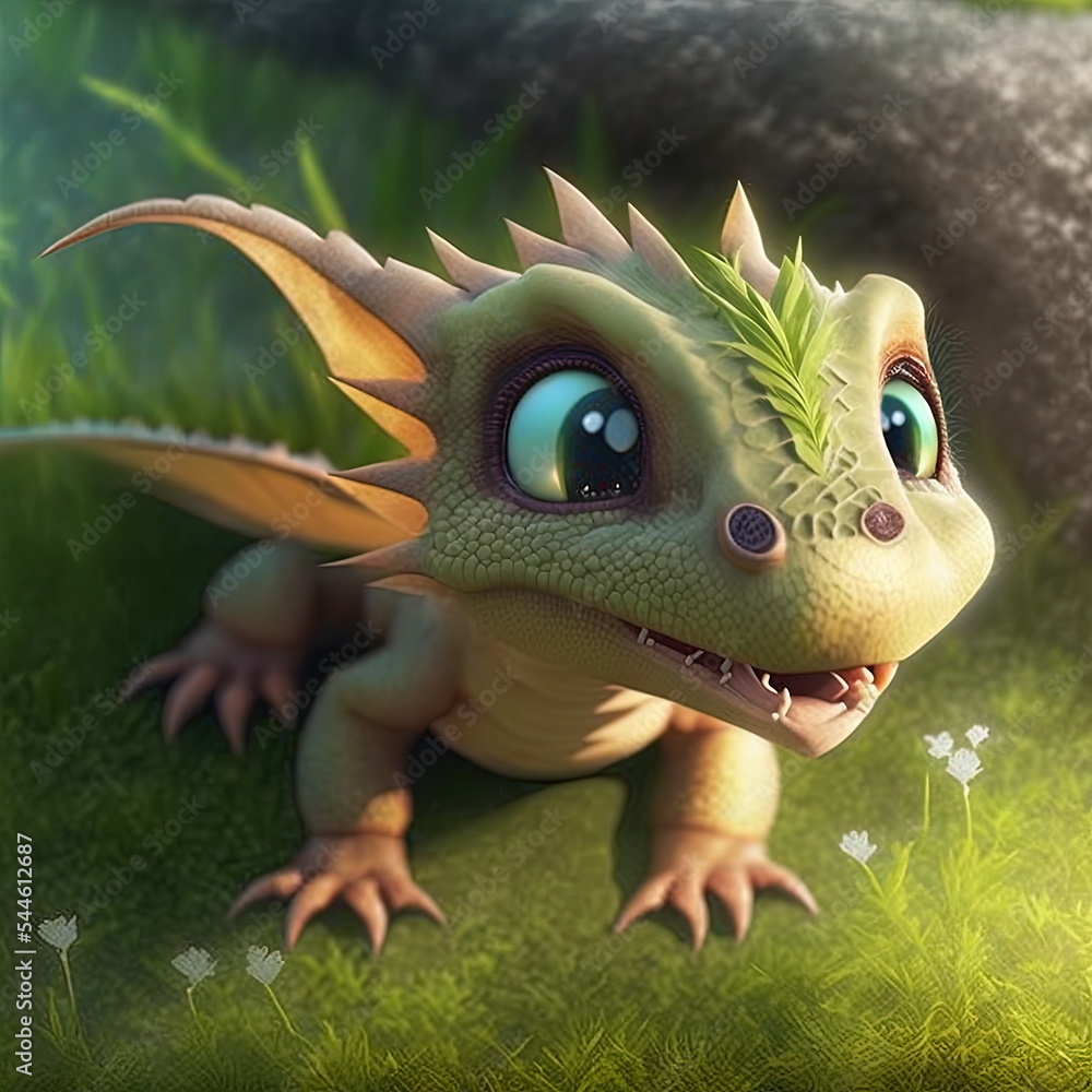 a cute adorable baby dragon lizard 3D Illustation stands in nature in the style of children ...