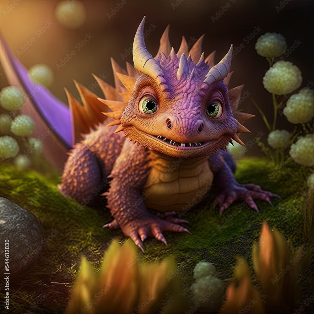 a cute adorable baby dragon lizard 3D Illustation stands in nature in the style of children ...