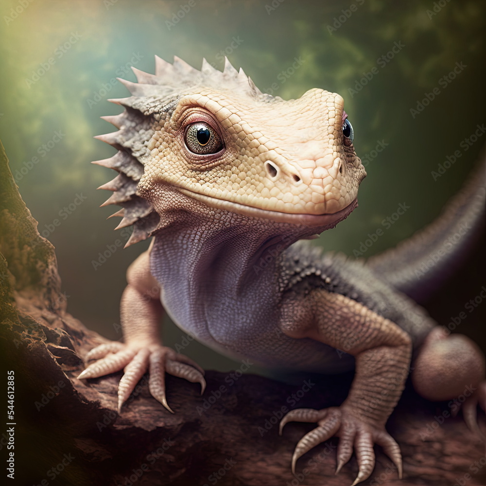 a cute adorable baby dragon lizard 3D Illustation stands in nature in the style of children ...