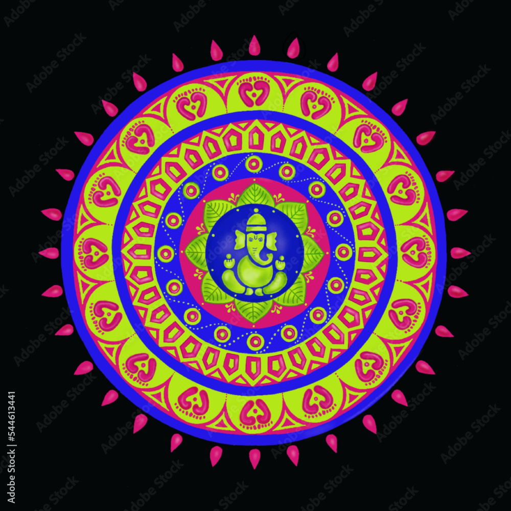 Round gradient colorful mandala with lord Ganesh icon at the center and Maa Laxmi footprints at ...