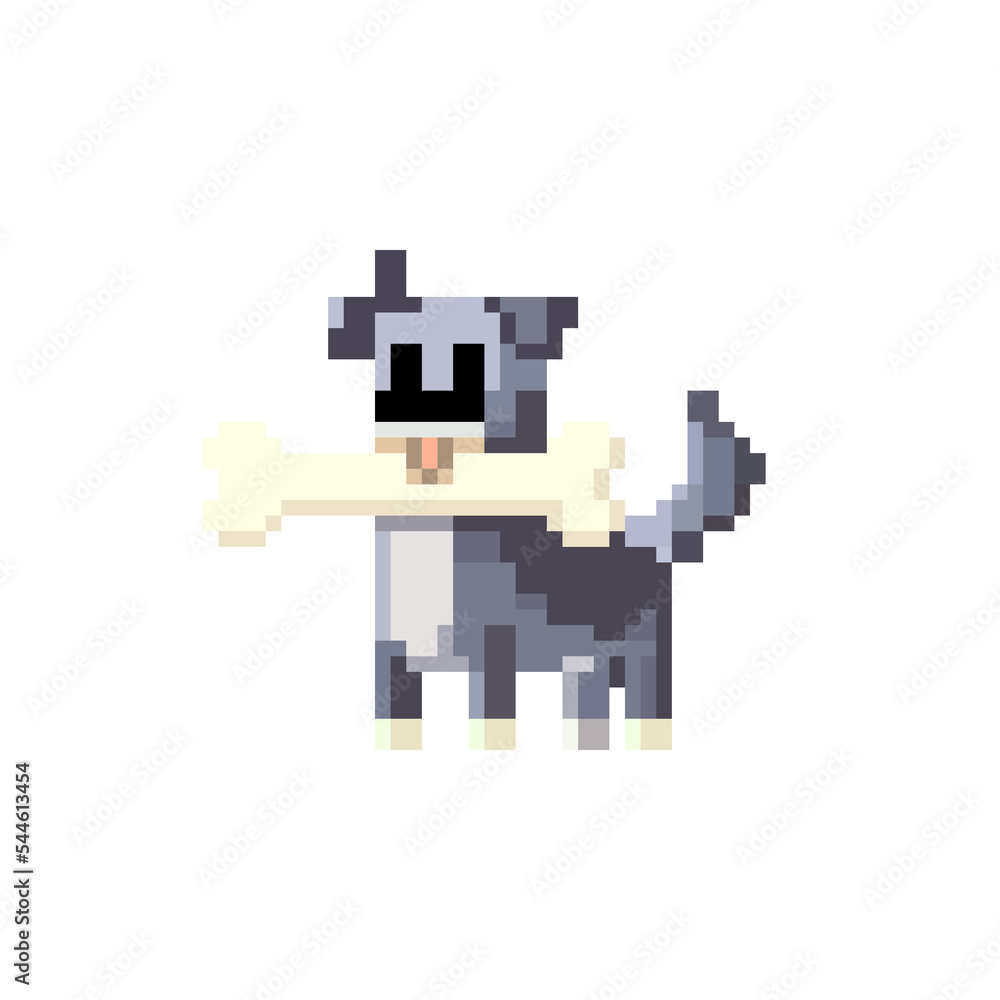 Isolated pixel art in 8 bit style: a happy dog holding a giant bone ...
