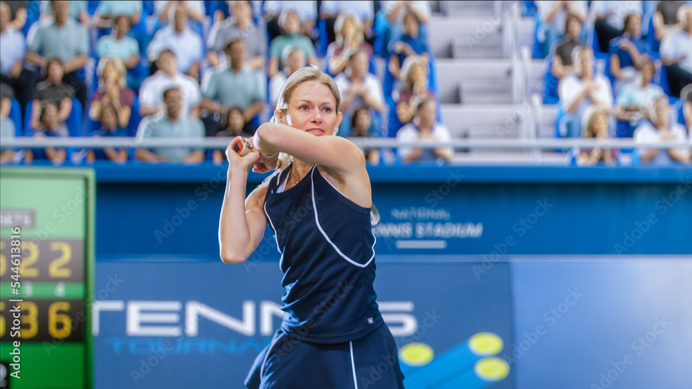 Female Tennis Player Just Hit a Ball with a Racquet During Championship ...