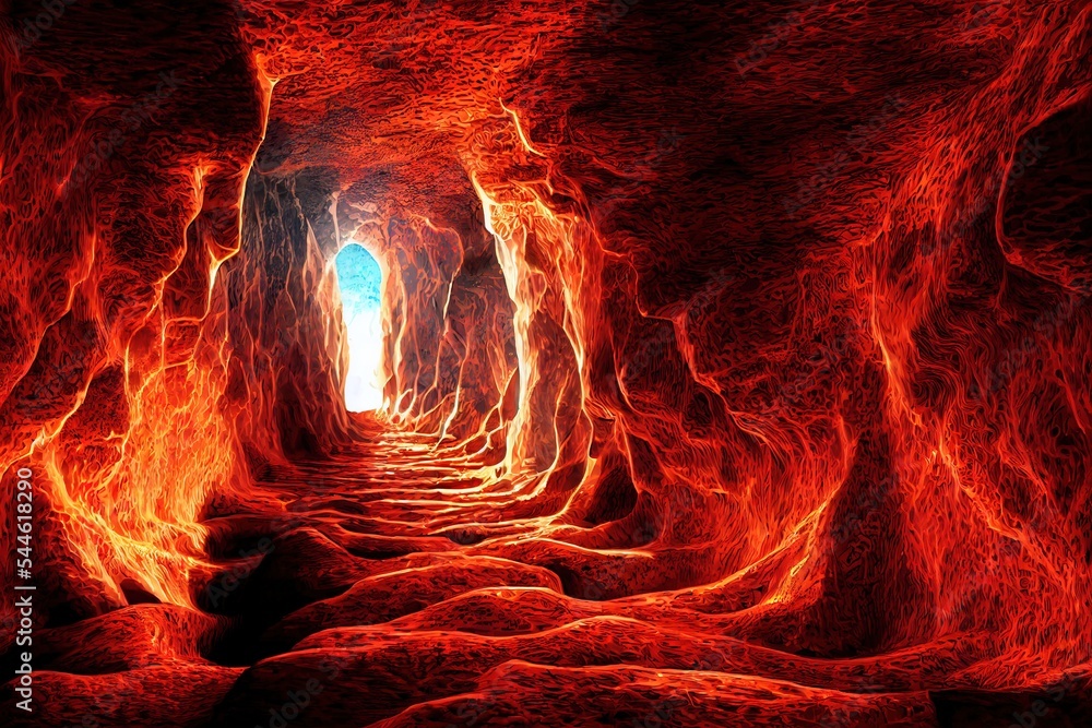 Raster illustration of beautiful cave in the rock. Hot cave due to ...