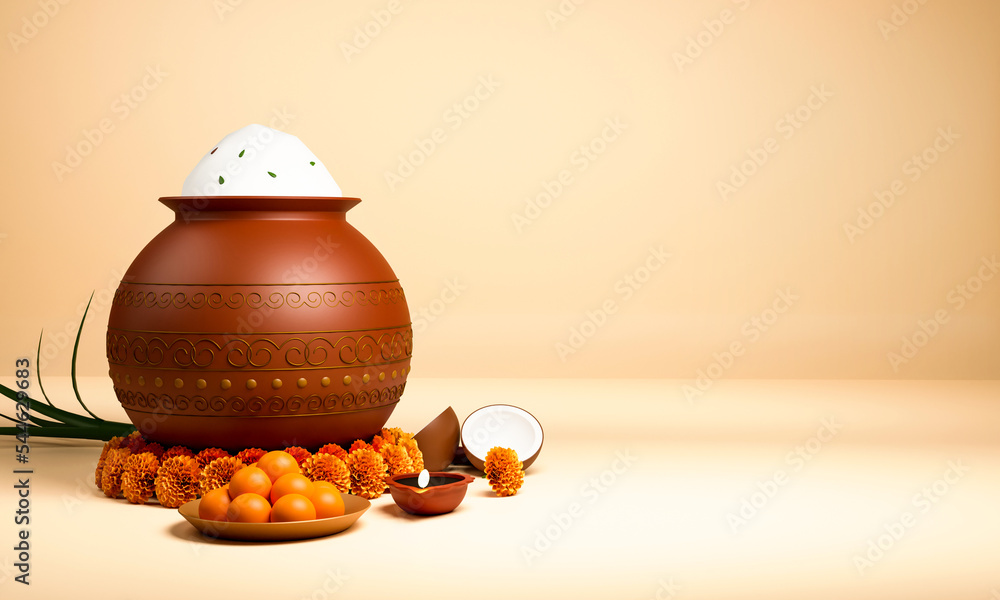 3D Render Mud Pot Full Of Grain With Sweet (Laddu) Plate, Lit Oil Lamp ...